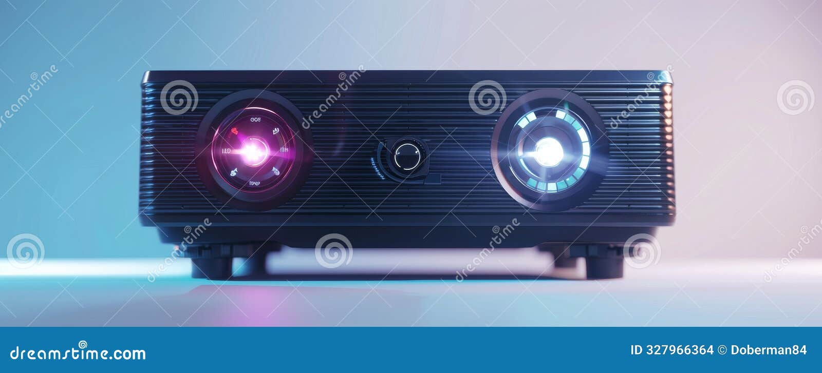 Front View of Modern Projector with Glowing Lenses in Blue and Pink ...