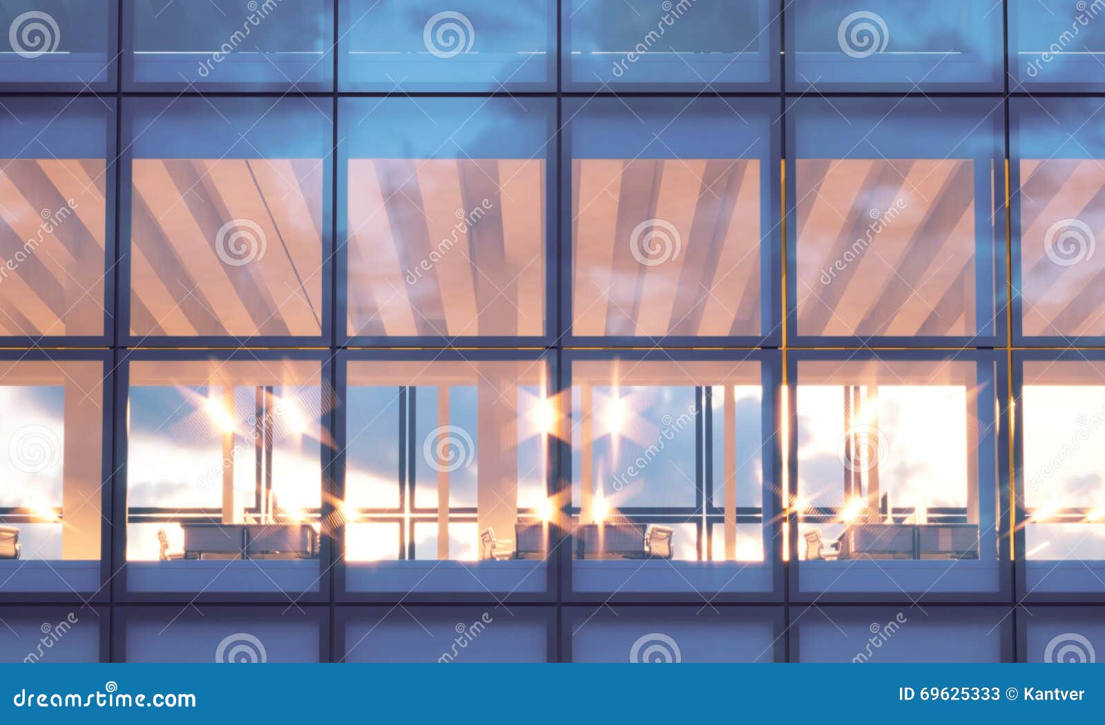 Front View of Modern Skyscraper. Modern Office Interior in Evening Time ...