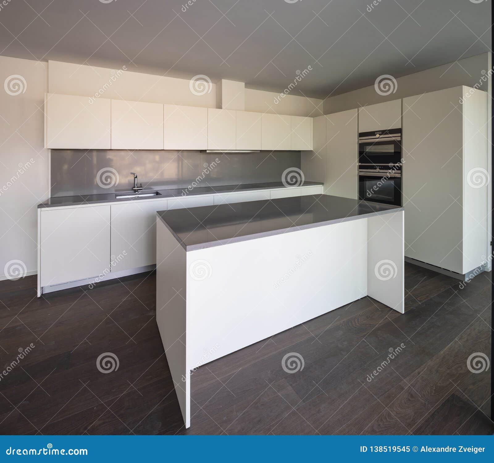 Front View of Modern White Kitchen Stock Image - Image of modern ...