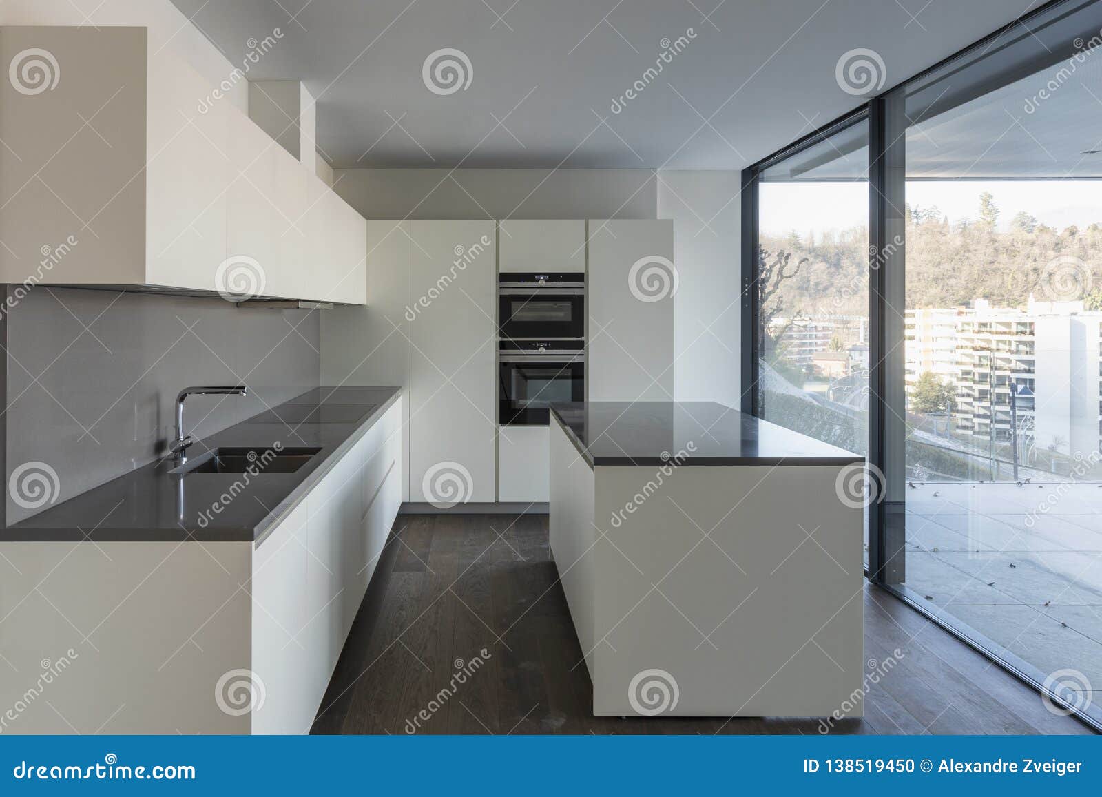 Front View of Modern White Kitchen Stock Photo - Image of frontal, loft ...