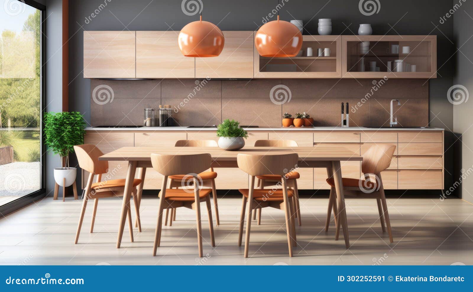 Front View of a Modern Wooden Kitchen in Beige Color with Table and ...