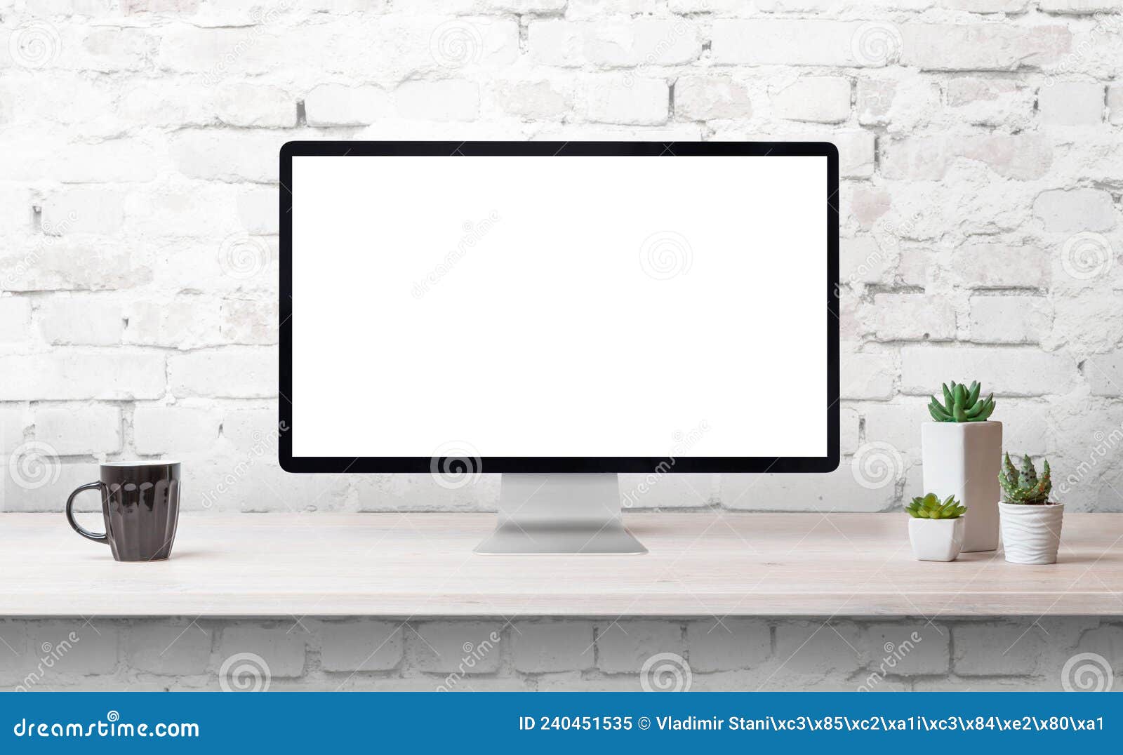 Front View Office Desk, with Computer Display Mockup, Coffee Mug and ...