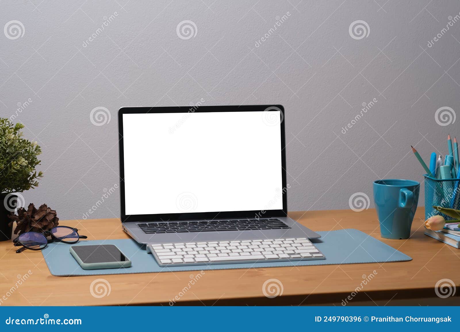 Front View of Office Desk with Write Display Computer and Cup of Coffee ...