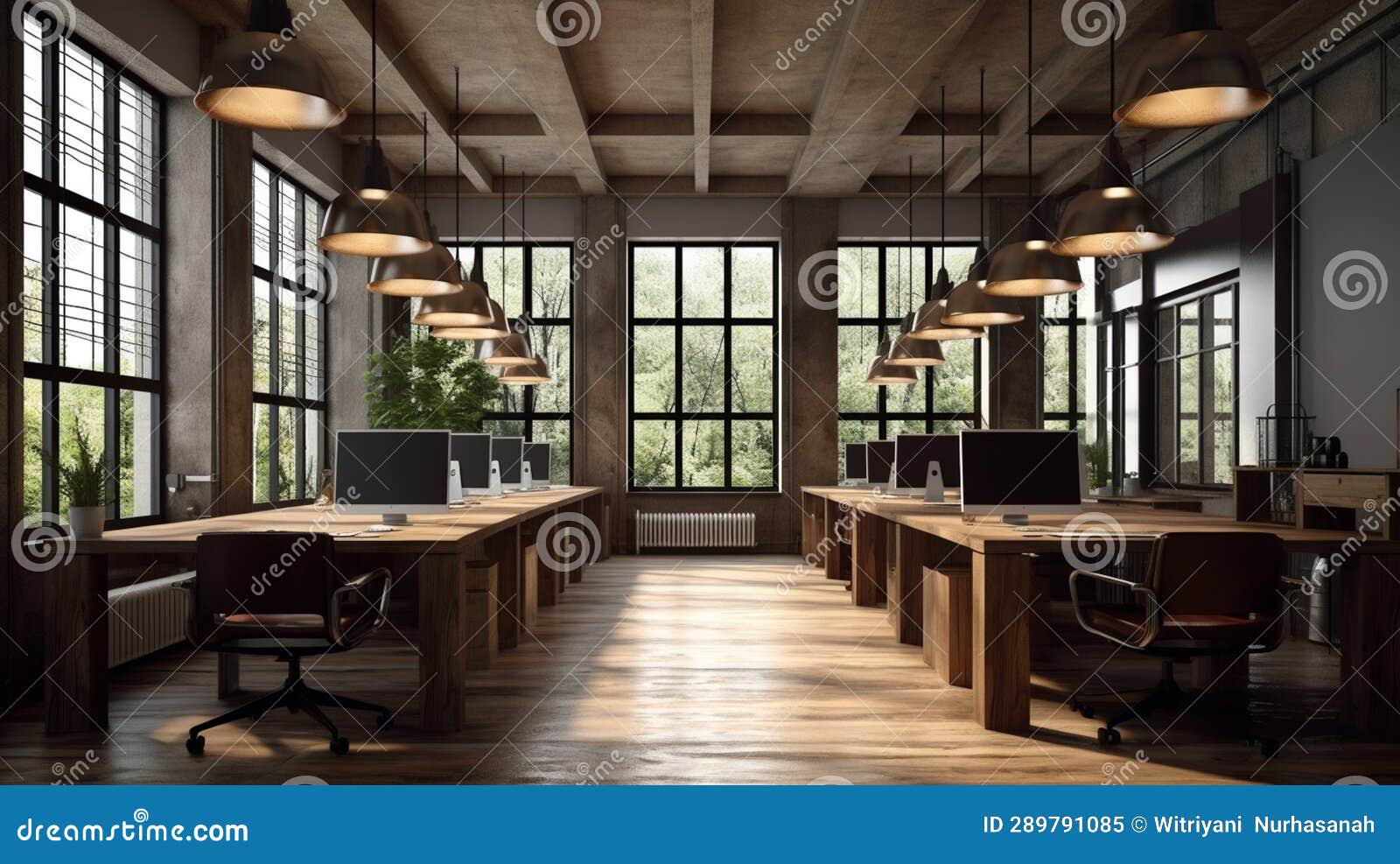 Front View of an Office Interior with a Row of Dark Wood Tables ...