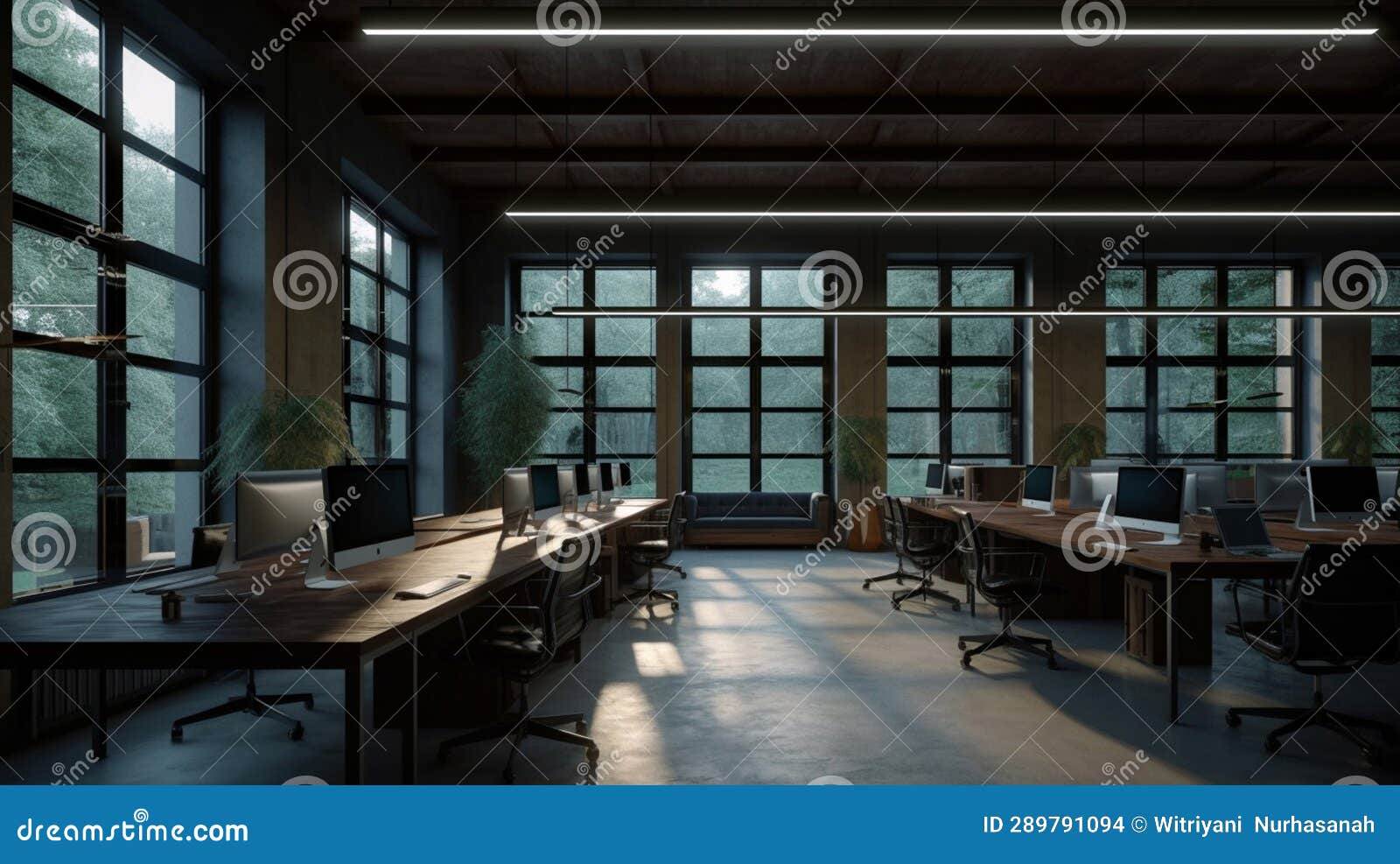 Front View of an Office Interior with a Row of Dark Wood Tables ...