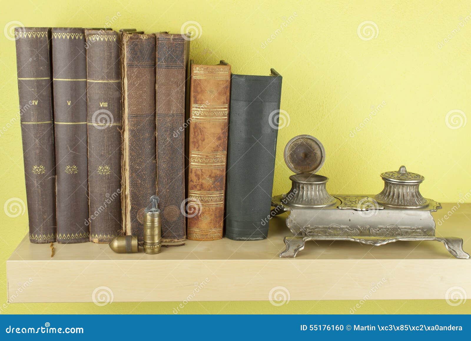 Front View of Old Books Stacked on a Shelf. Stock Photo - Image of ...