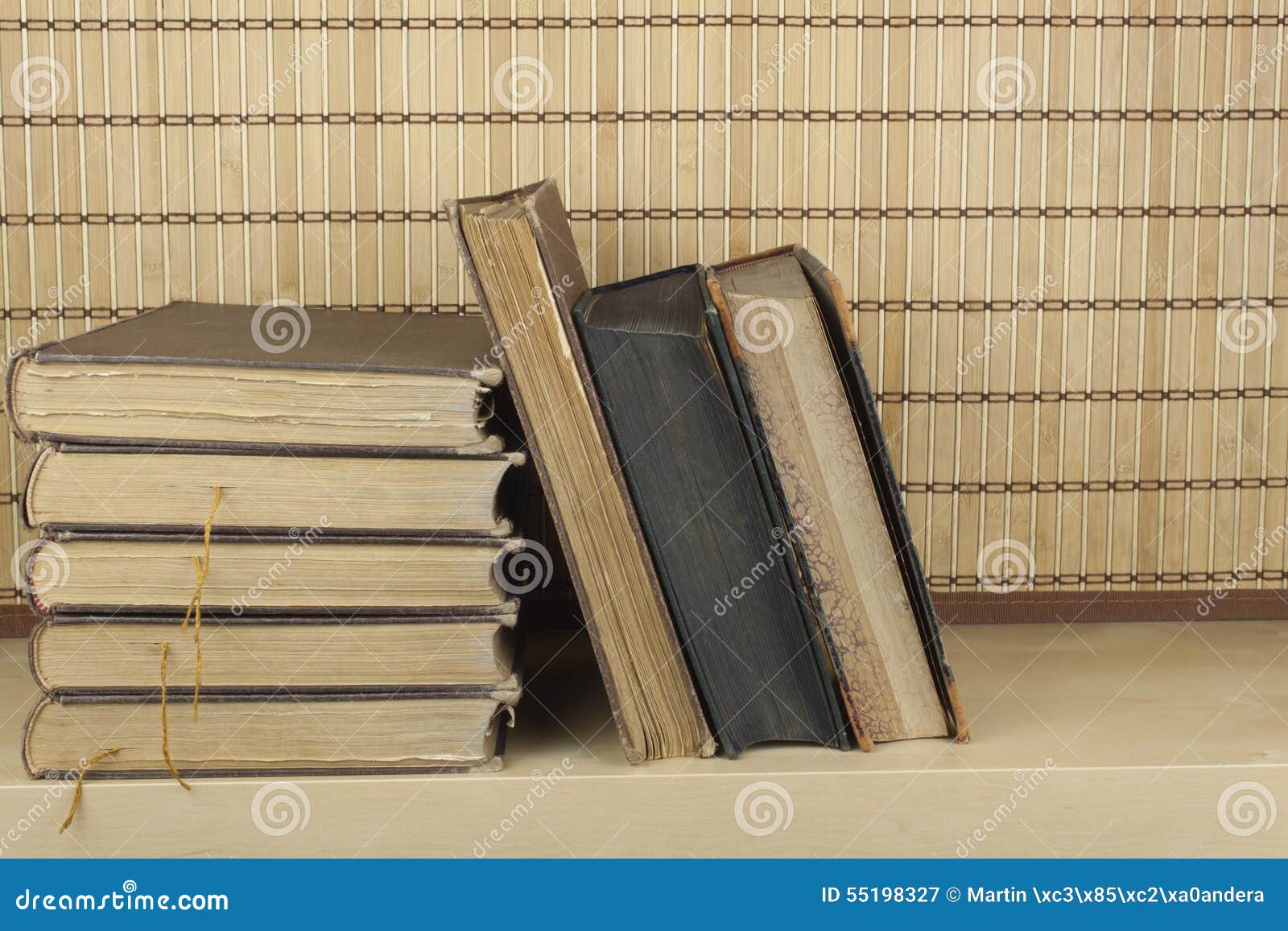 Front View of Old Books Stacked on a Shelf. Stock Image - Image of ...