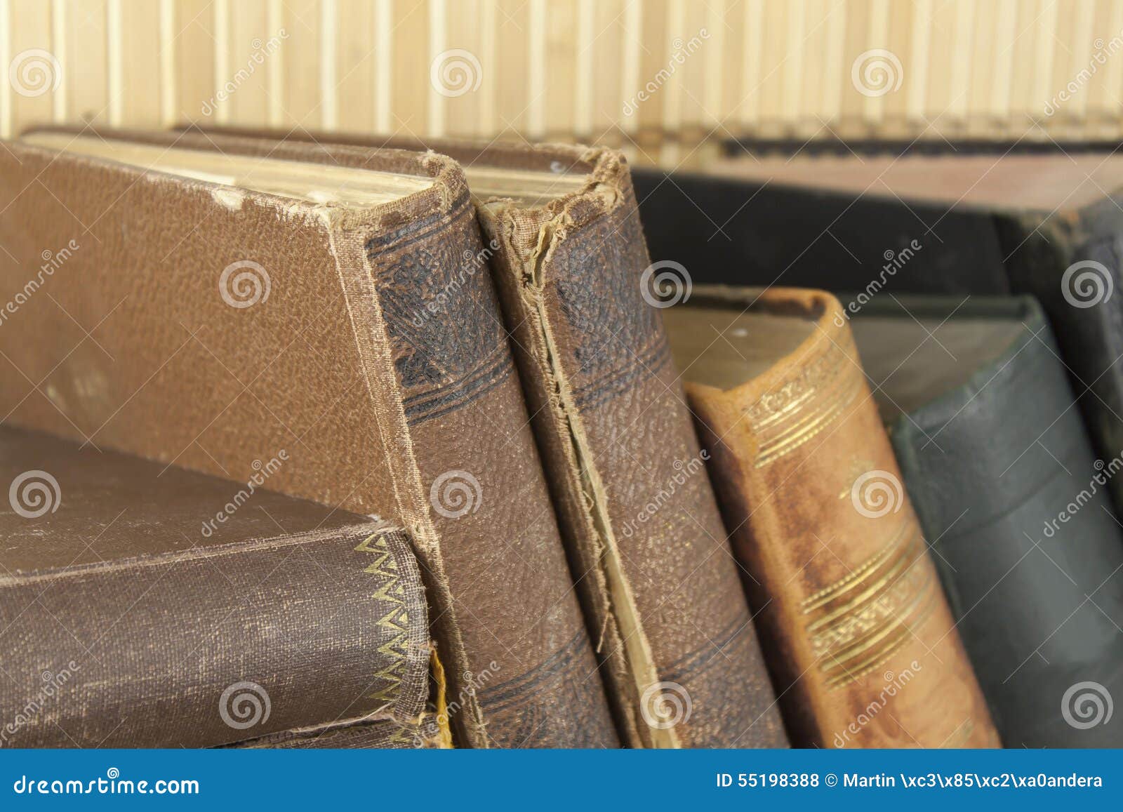 Front View of Old Books Stacked on a Shelf. Stock Photo - Image of ...