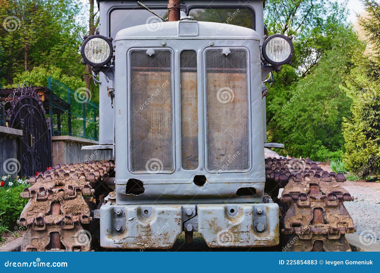 Front View of Old Crawler Tractor. Detailed View of Tractor. Soviet ...