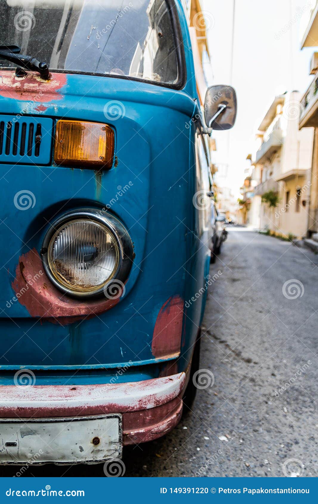 Front View of Old Rusty Blue Vintage Van. Headlights Front of Car Stock ...