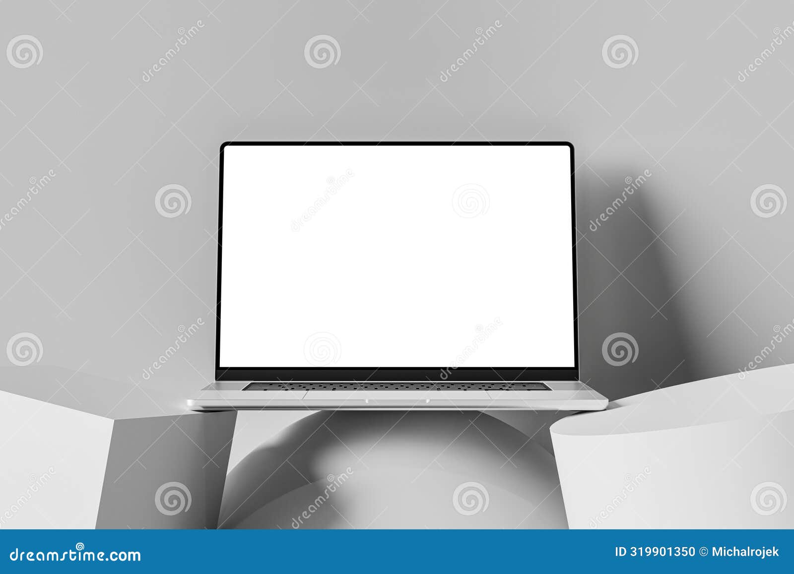 Front View of an Open Laptop with a Blank Screen, Placed on an Abstract ...