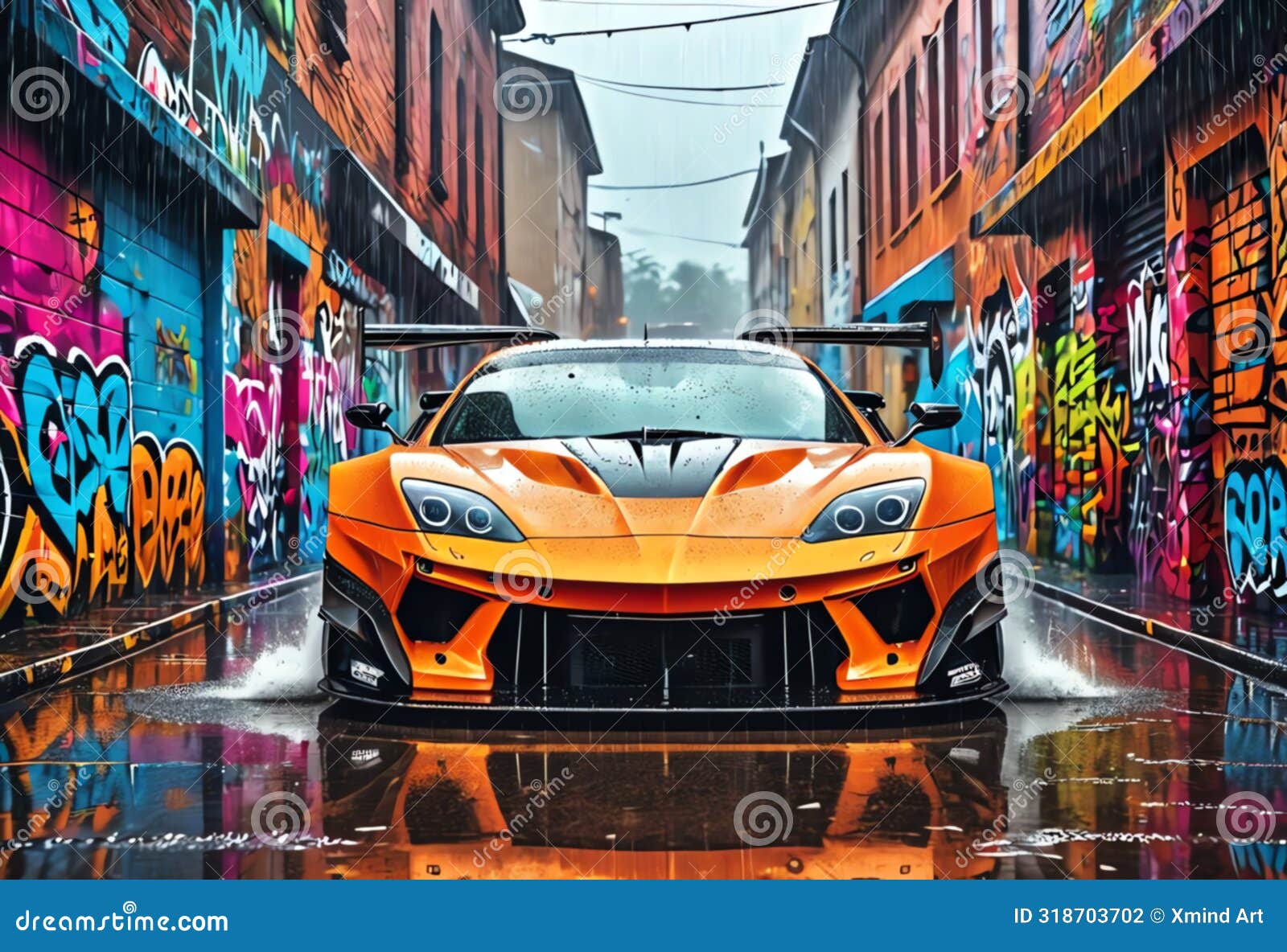 Front View Orange Custom Racing Car with Graffiti Wall Background Stock ...