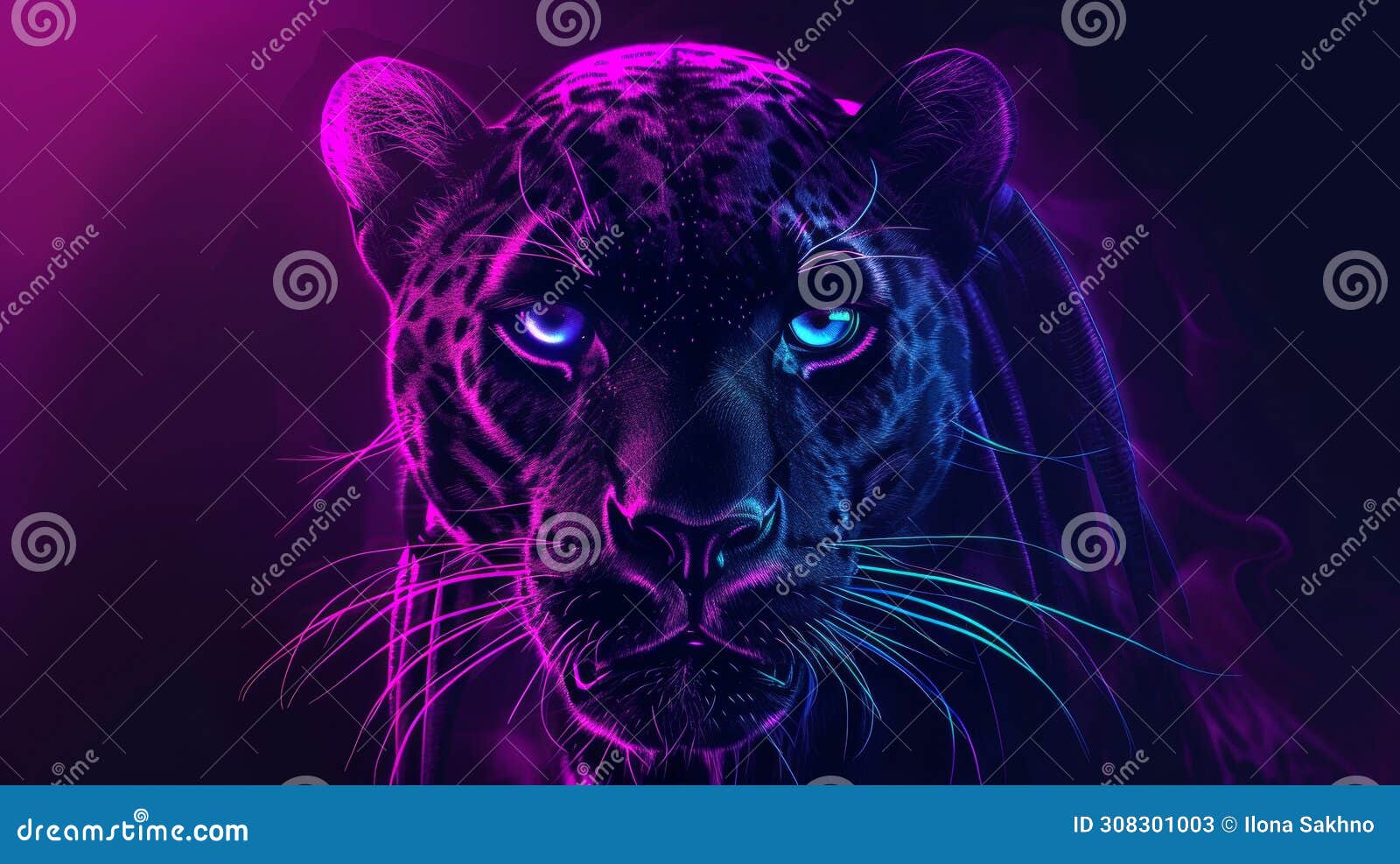 Front View of Panther in Neon Light on Dark Background Stock ...