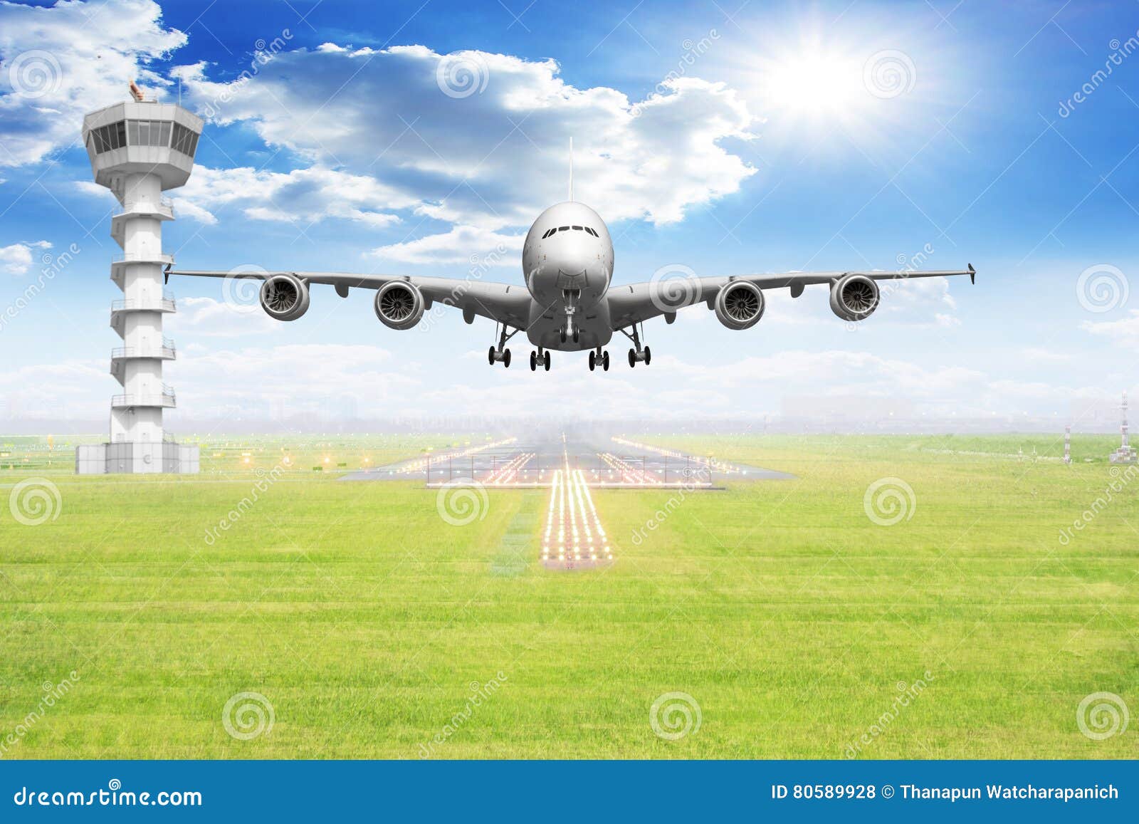 View On Passenger Aircraft Right Wing. Sunset Shines As A Golden Light ...