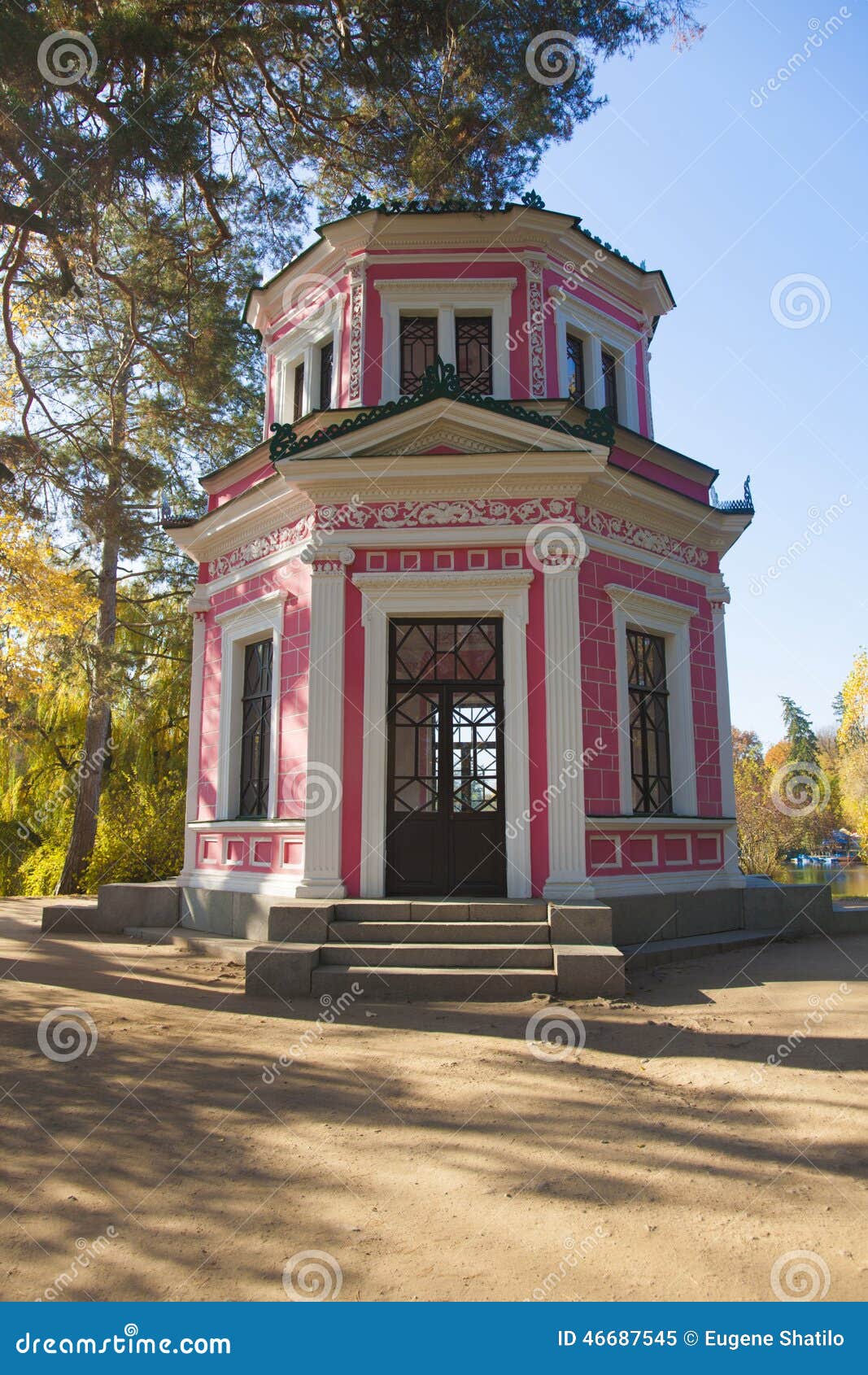 Front View of Pavilion in Autumn Park Stock Image - Image of green ...