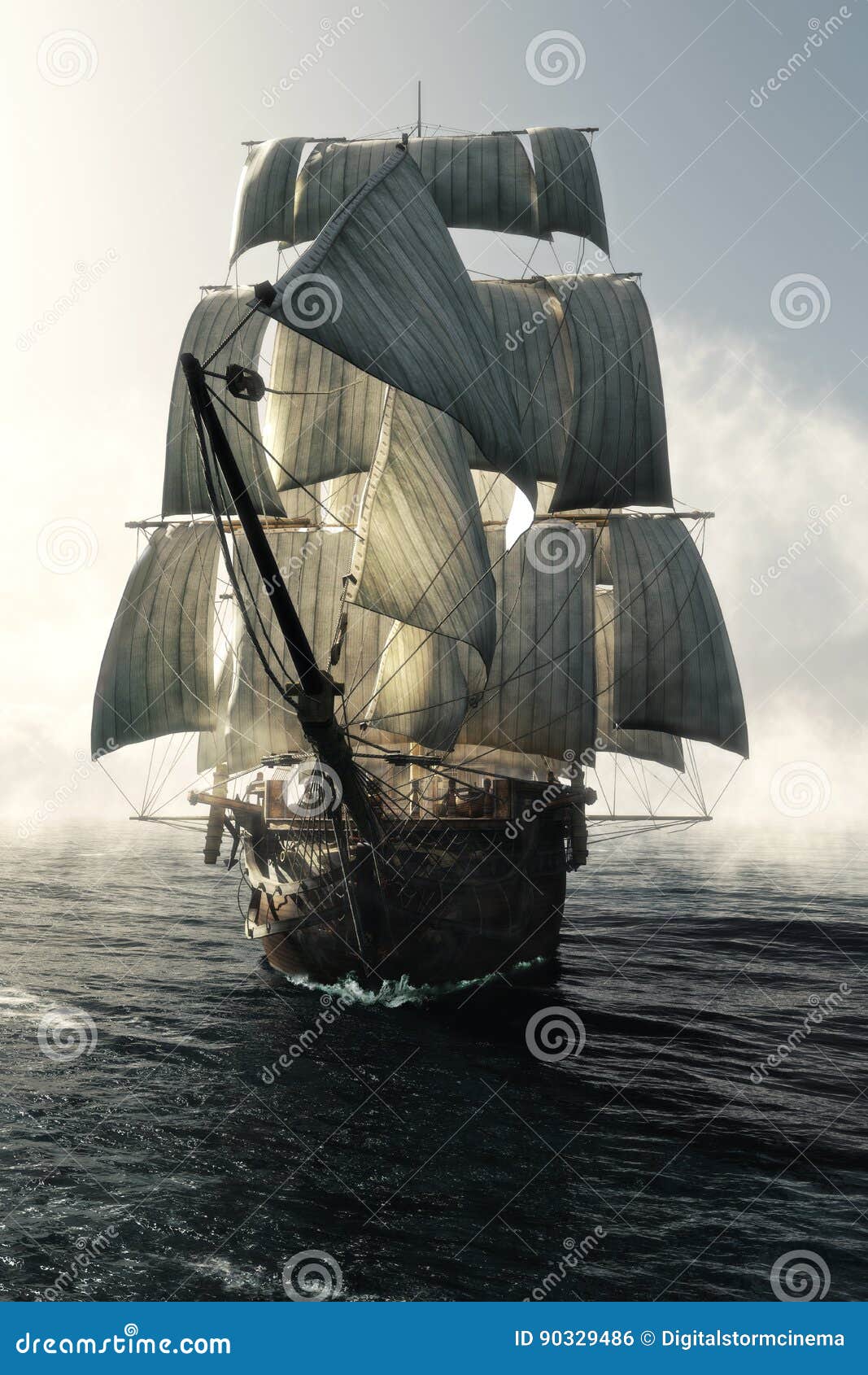 Front View of a Pirate Ship Vessel Piercing through the Fog Headed ...