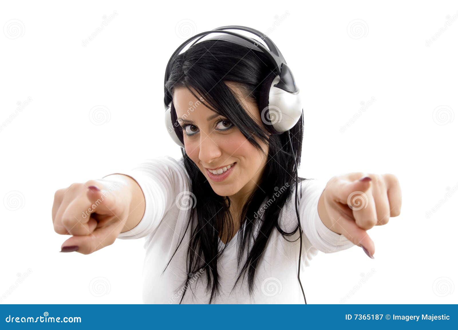 Front View of Pointing Female Wearing Headphone Stock Image - Image of ...