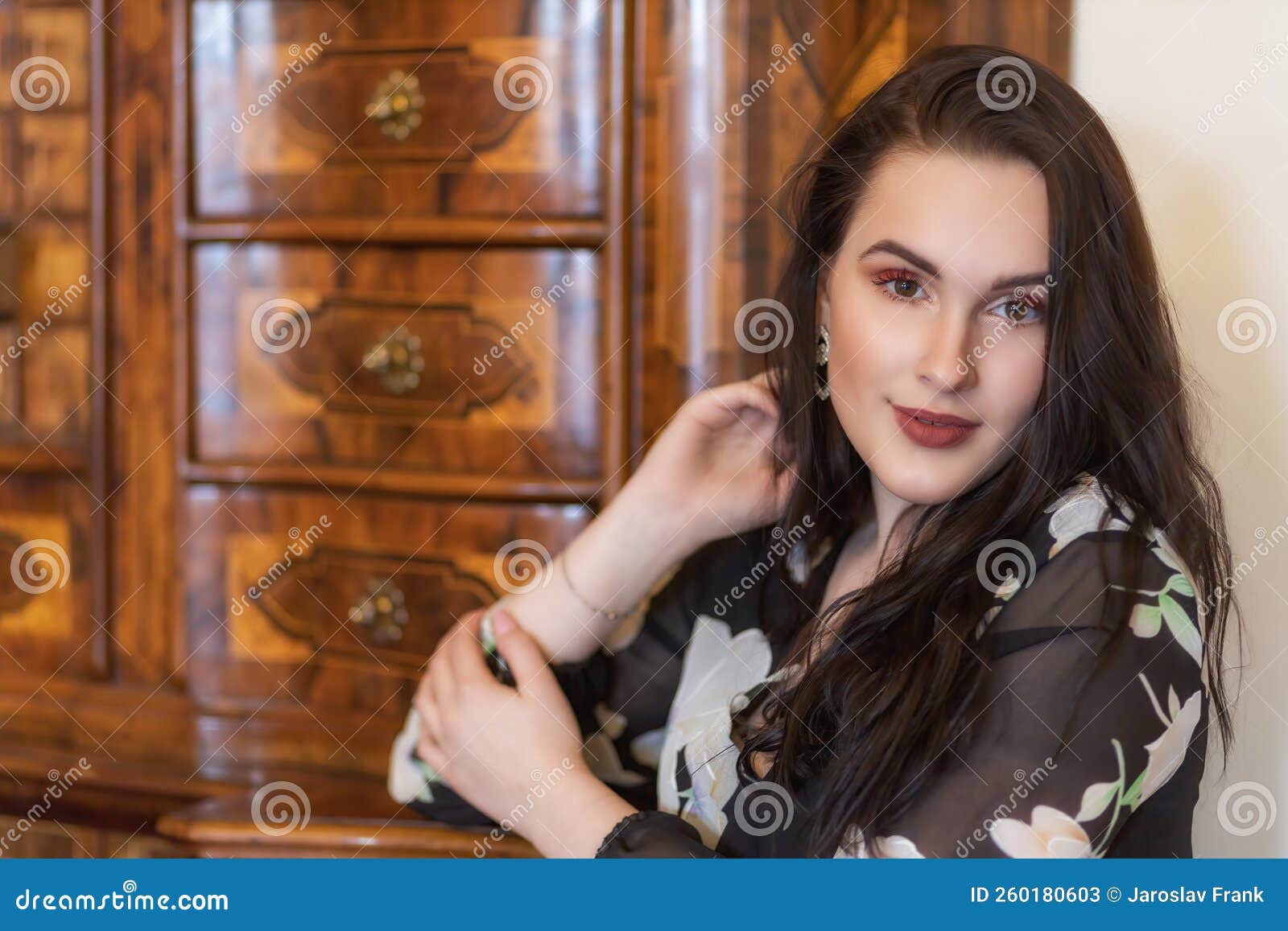 Portrait Of Beautiful Dark Haired Girl Indoors Stock Image Image Of