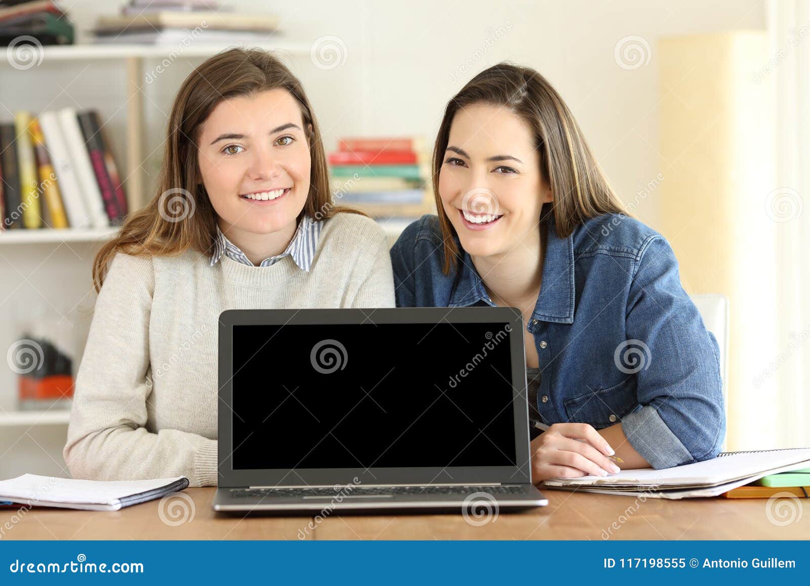 Two Students Showing a Laptop Screen Mockup Stock Image - Image of ...