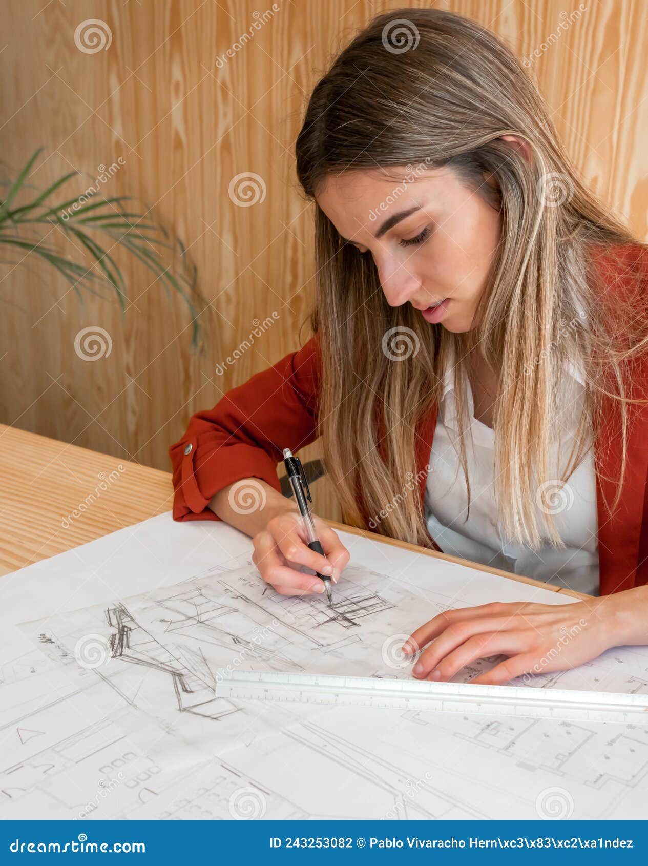 Front View Portrait of Woman Architect Drawing Sketches Stock Photo ...