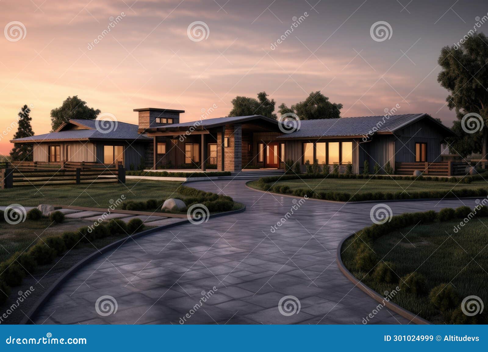 Front View of a Ranch House with a Long, Winding Driveway Stock Image ...