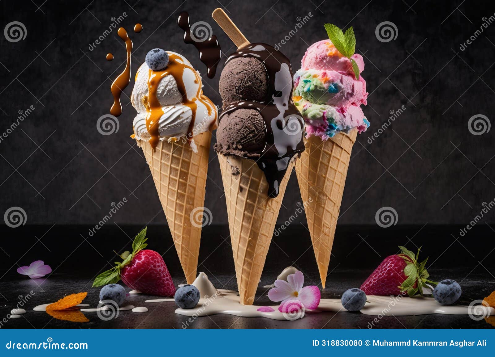 Front View of Real Edible Ice Cream Cone with 3 Different Scoops of Ice ...
