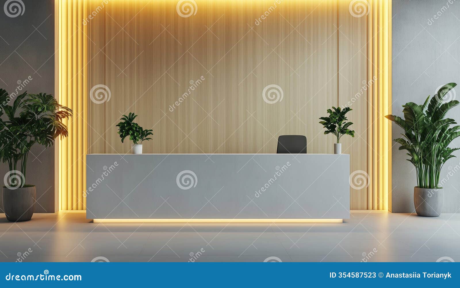Front View of a Reception Desk in an Office with Light Wooden Wall ...