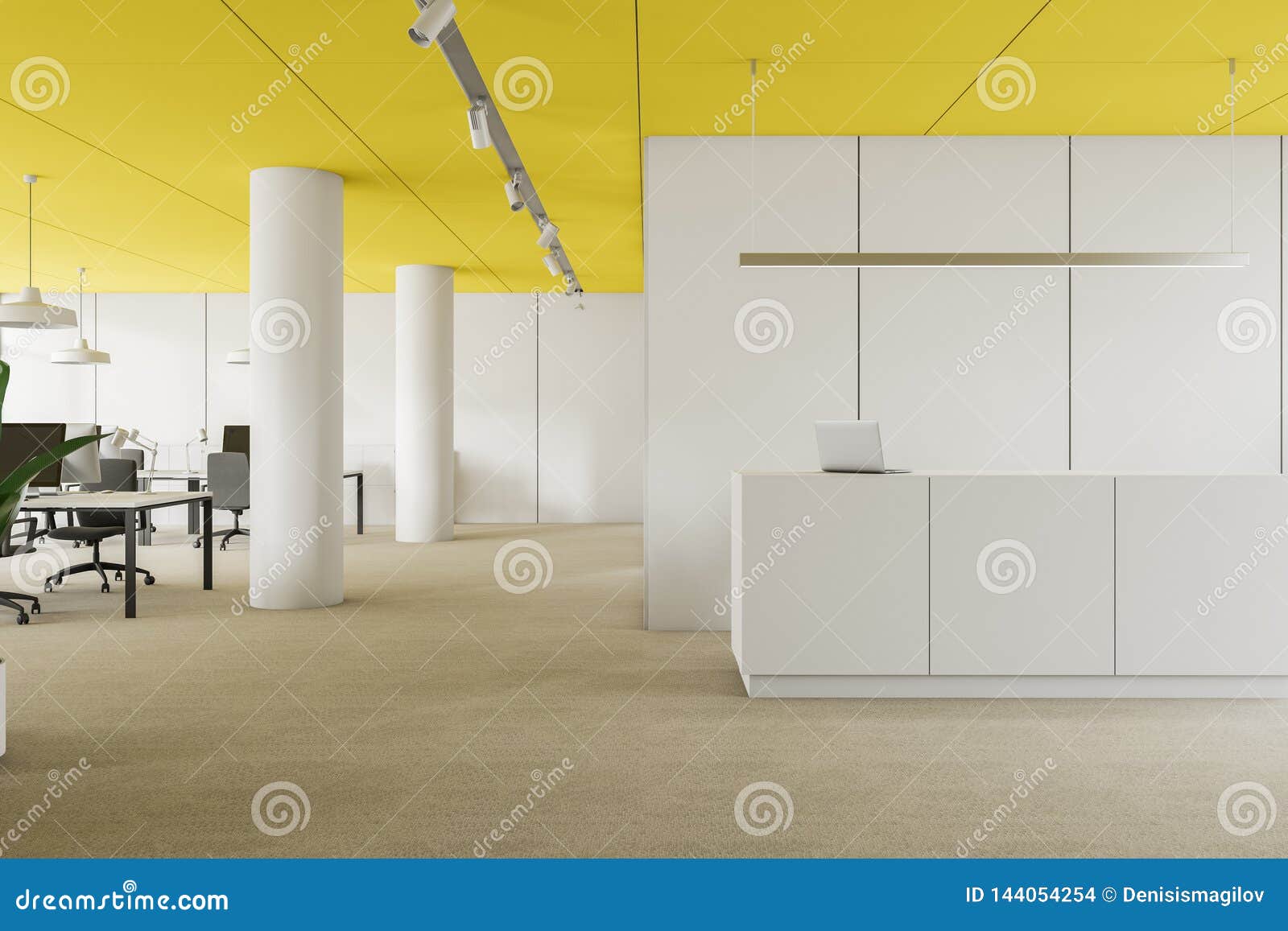 Front View of Reception in Yellow Ceiling Office Stock Illustration ...