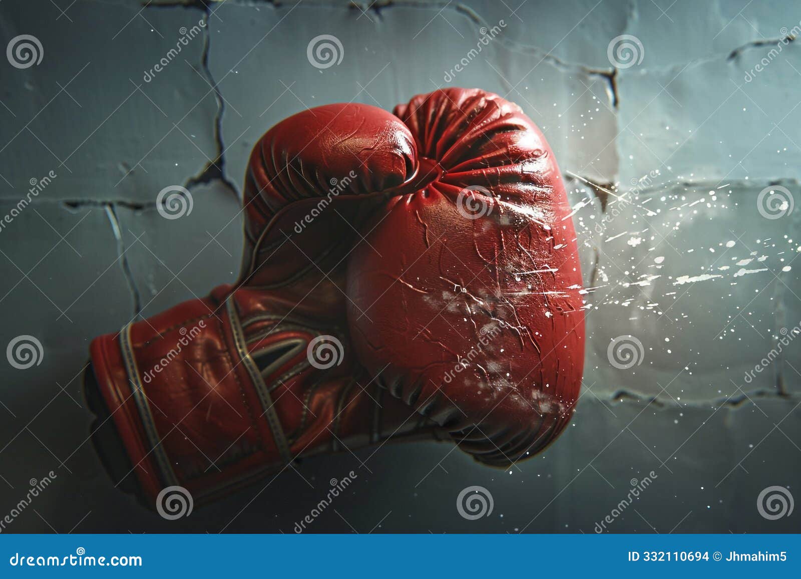 A Front View of a Red Boxing Glove Forcefully Punching through a Wall ...
