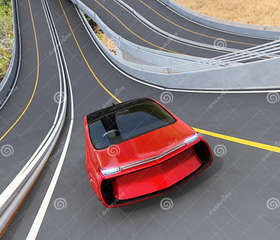 Front View of Red Electric Car Driving on the Loop Bridge Stock ...