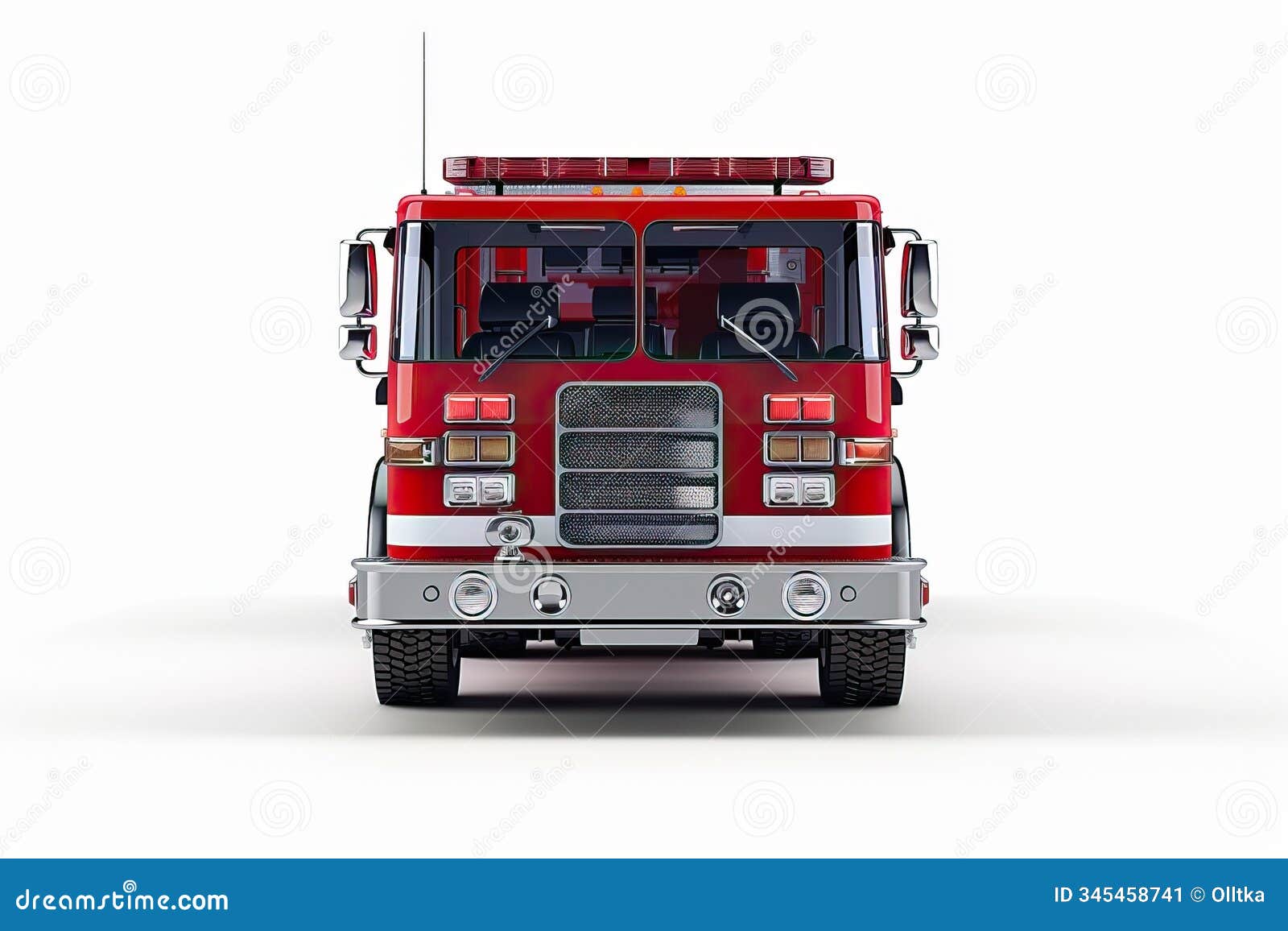 Front View of Red Fire Truck with Flashing Lights, Isolated on White ...