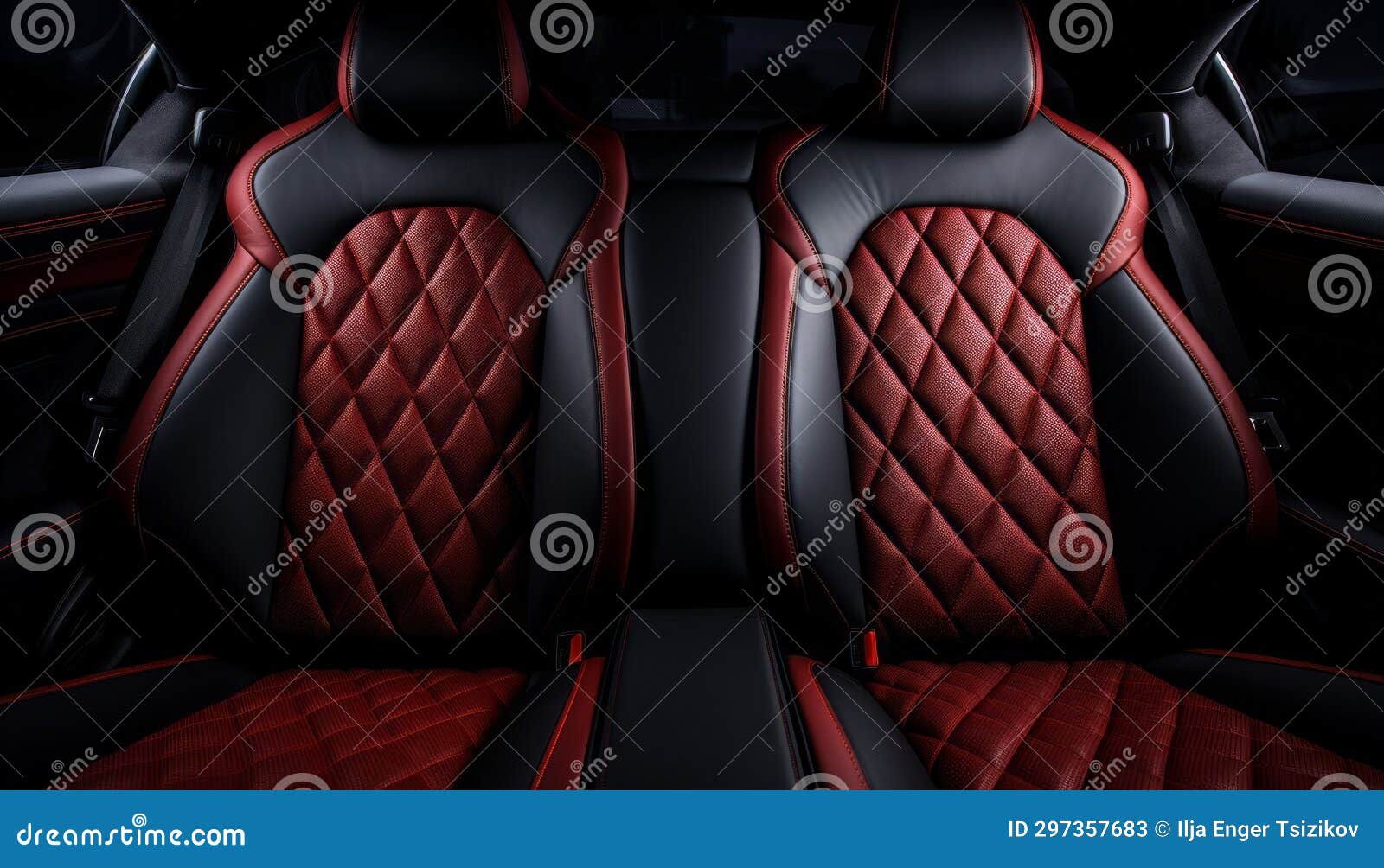 Front View of Red Leather Back Passenger Seats in Modern Luxury Car ...