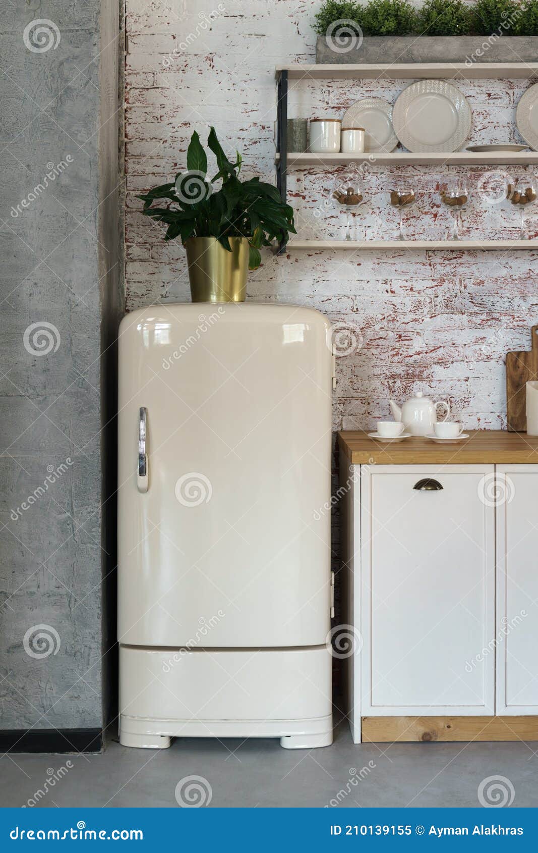 Front View of Retro Style Fridge in Loft Style Kitchen Stock Image ...