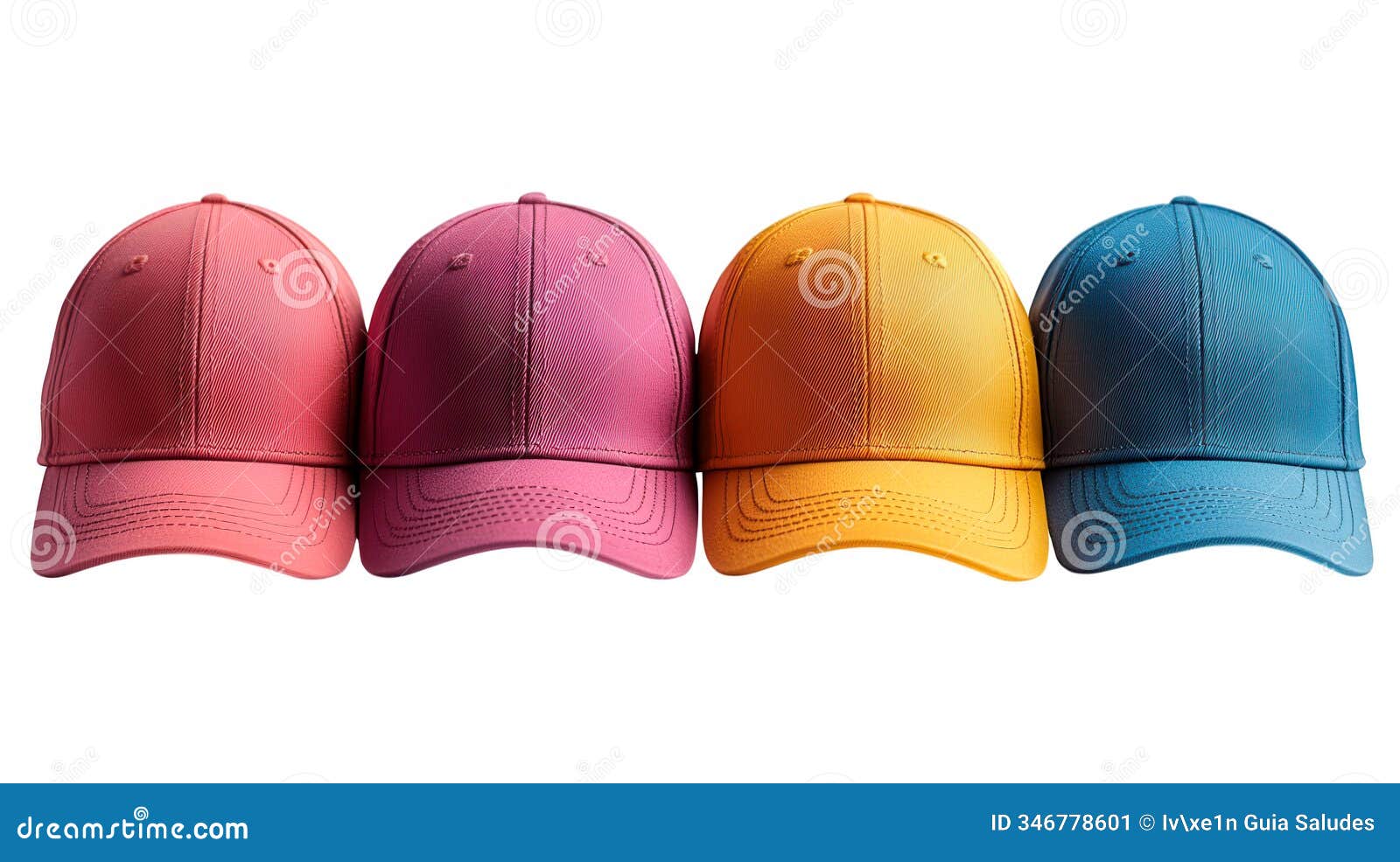 Front View of a Row of 4 Different Colored Caps Isolated on a ...
