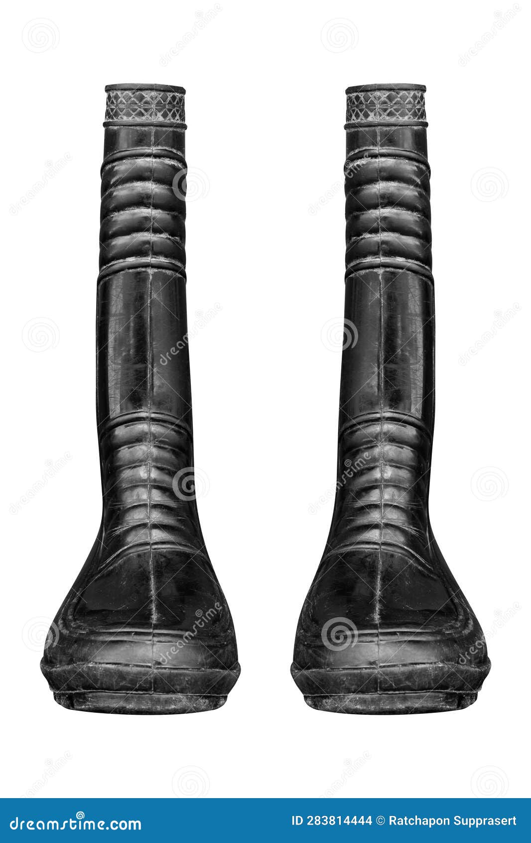 Front View Rubber Black Boots Isolated on White Background with ...