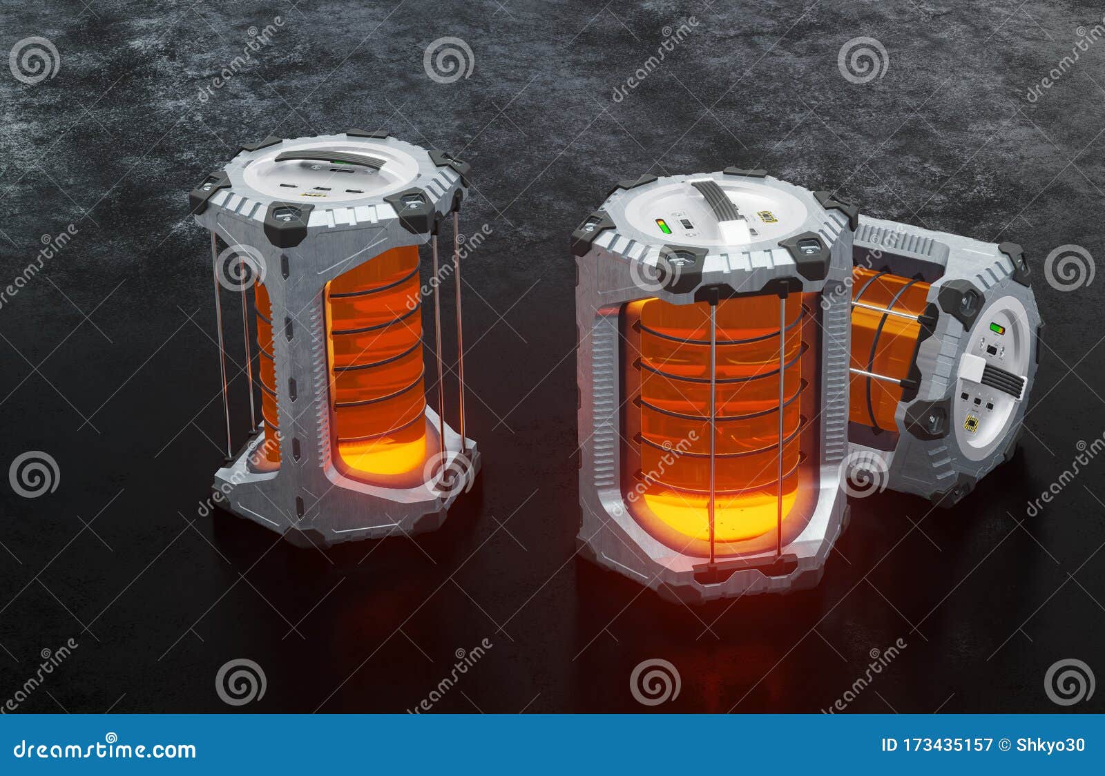 2 SciFi Hexagonal Power Tank Straight Put On Base And 1 On Its Side ...