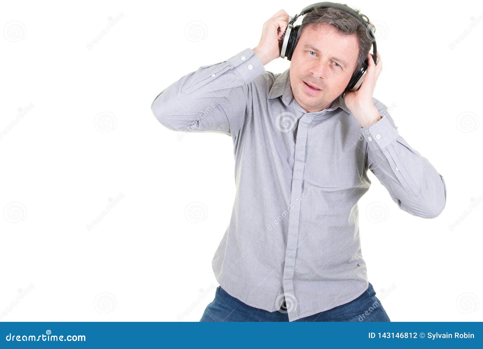 Front View of Screaming Singing Dancing Man with Headphones Stock Photo ...
