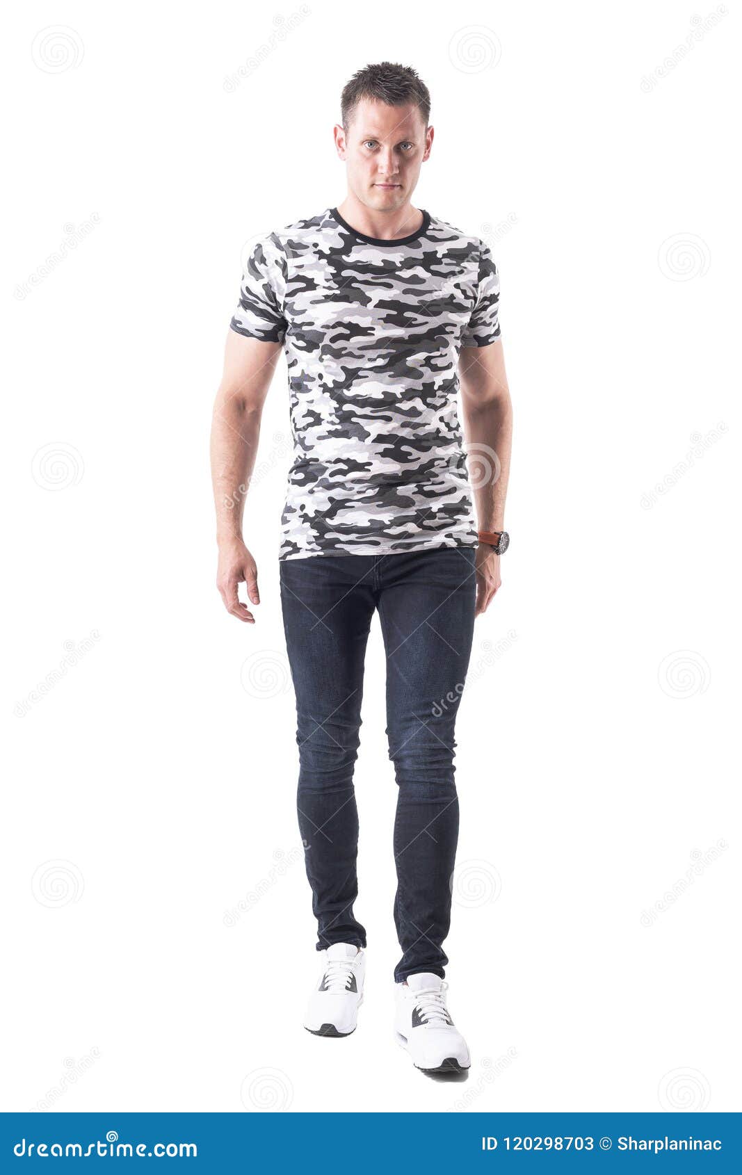 Front View of Serious Confident Man in Army Shirt Walking Towards ... Front View of Serious Confident Man in Army Shirt Walking Towards ...