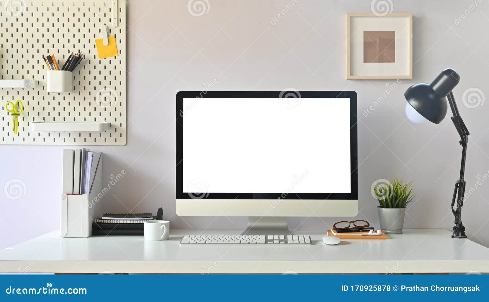 Front View Shot of Creative Work Space. White Blank Screen Computer on ...