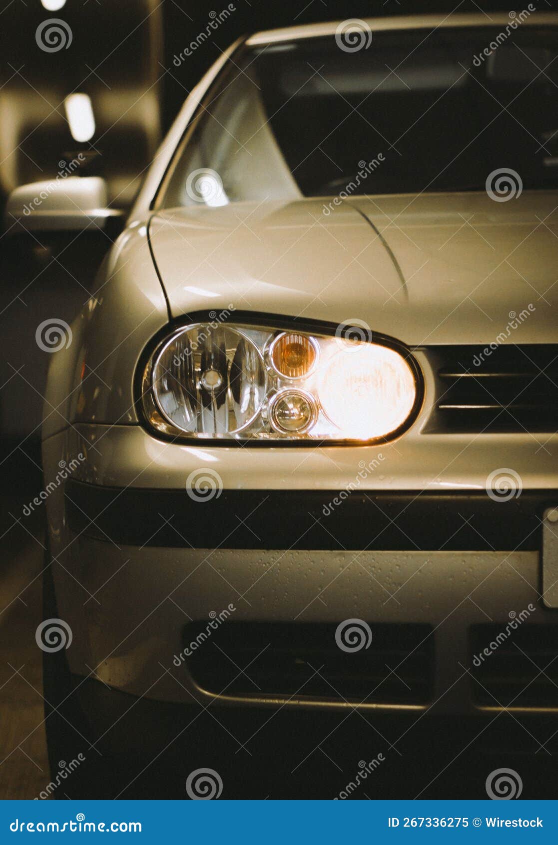Front View Shot of a Luxury Silver Car with Illuminating Light ...