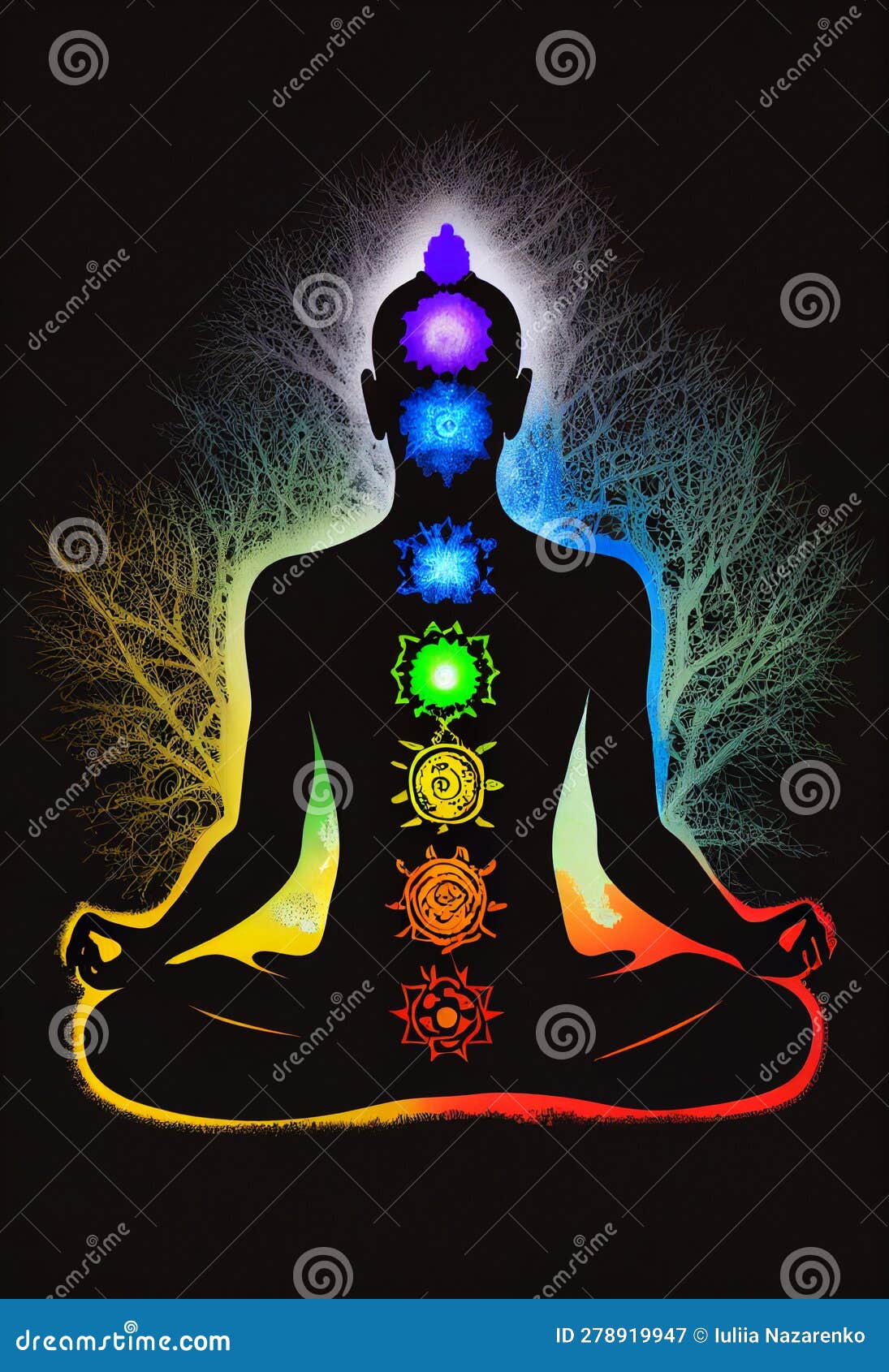 Front View Silhouette of a Man Meditating and All Chakras are Displayed ...
