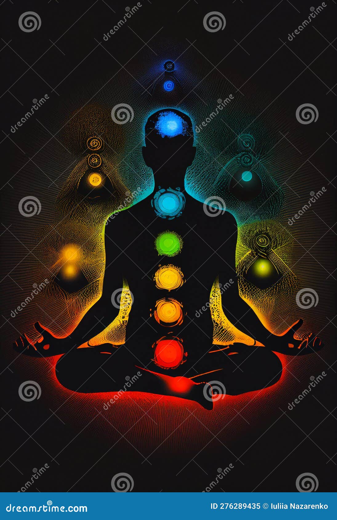 Front View Silhouette of a Man Meditating and All Chakras are Displayed ...
