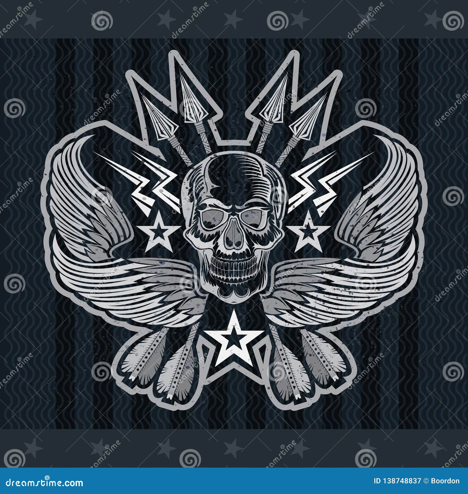 Front View Skull with Crossed Arrows and Lightning between Wings ...