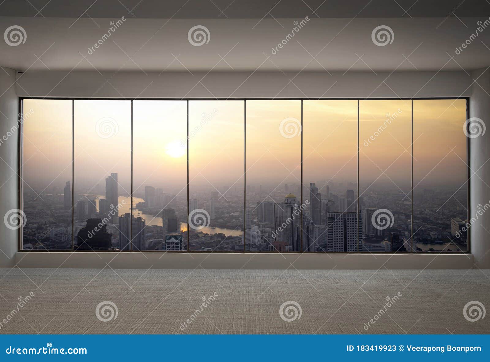 Front View Skyscraper Modern Interior with City View from Empty Office ...