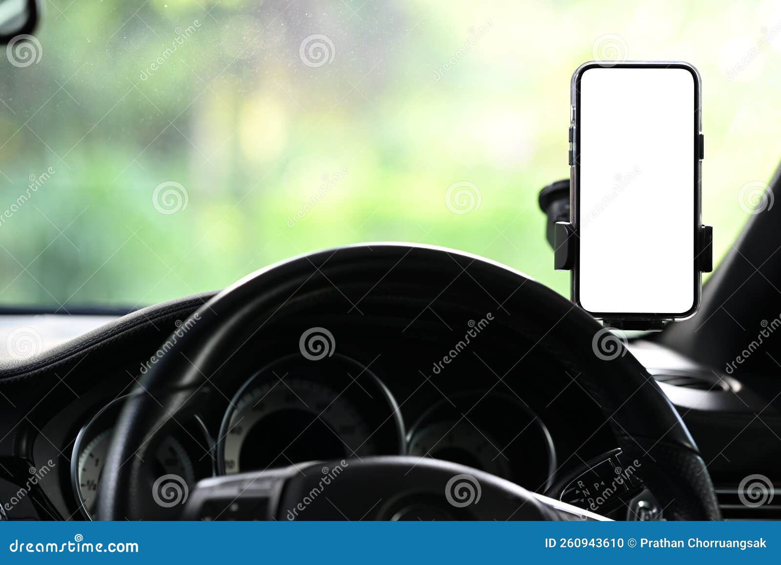 Front View of Smart Phone with White Empty Screen on Windshield Holder ...