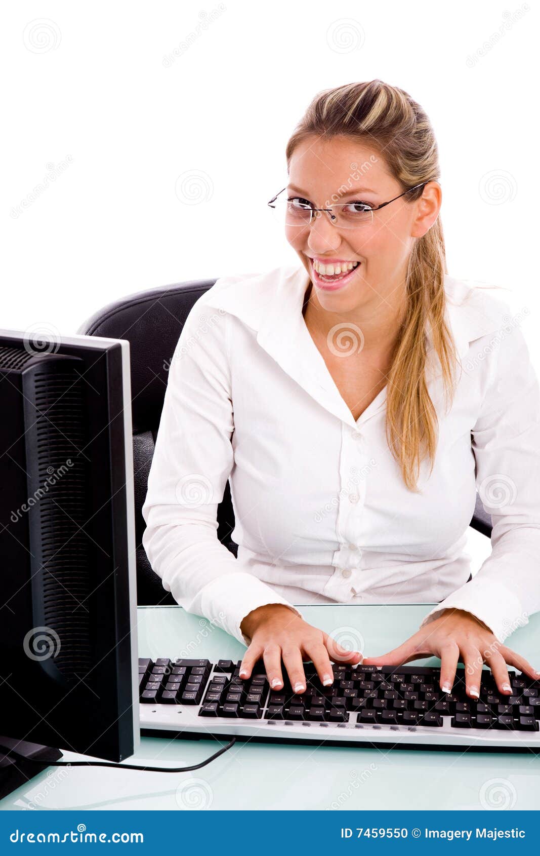 Front View of Smiling Manager Working on Computer Stock Photo - Image ...