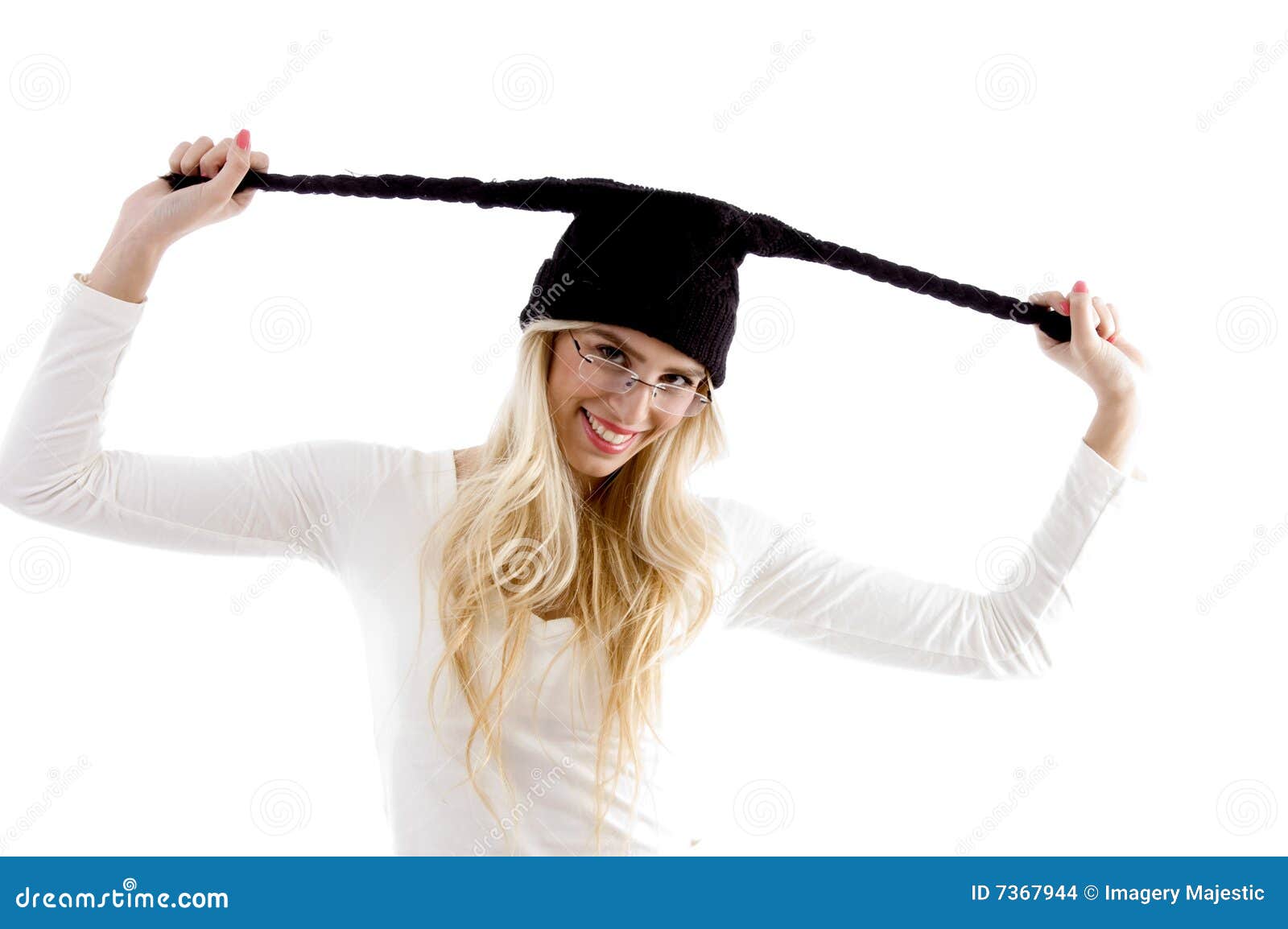 Front View of Smiling Woman in Woolen Cap Stock Photo - Image of ...