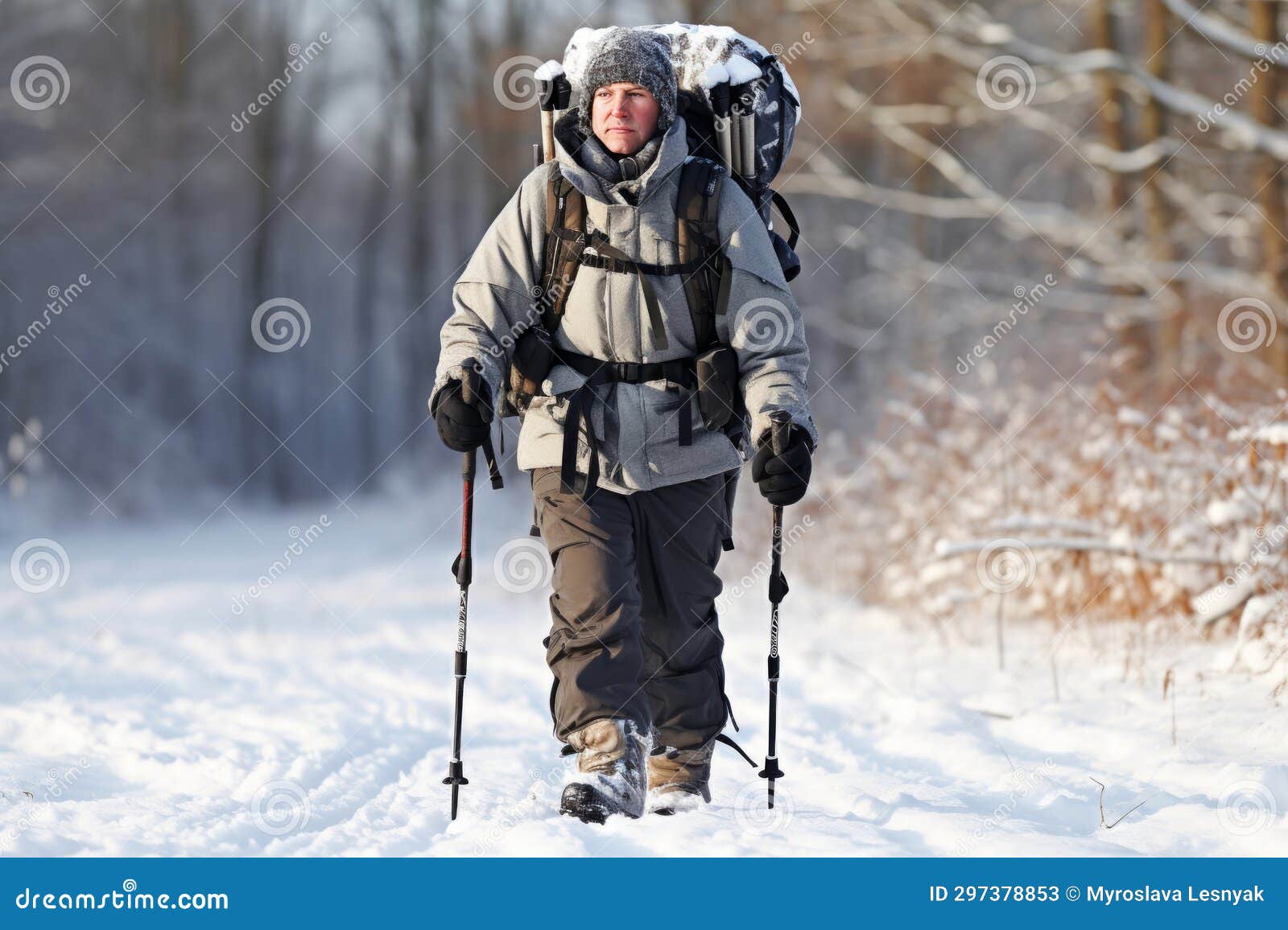 Front View of Snowy Path in Winter Forest, Lonely Woman with Backpack ...