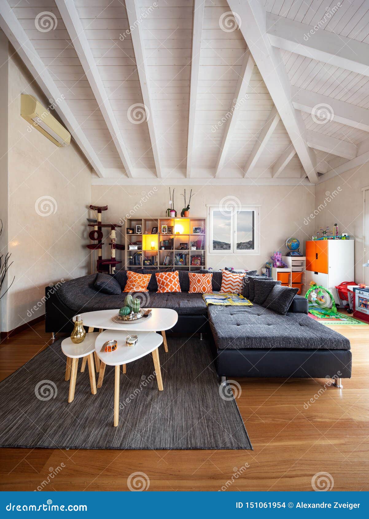 Front View with Sofa, Light Wood Beams Stock Photo - Image of elegant ...