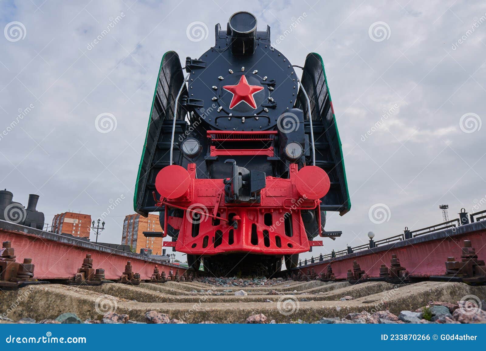 Front View of Soviet Steam Locomotive Stock Photo - Image of star ...